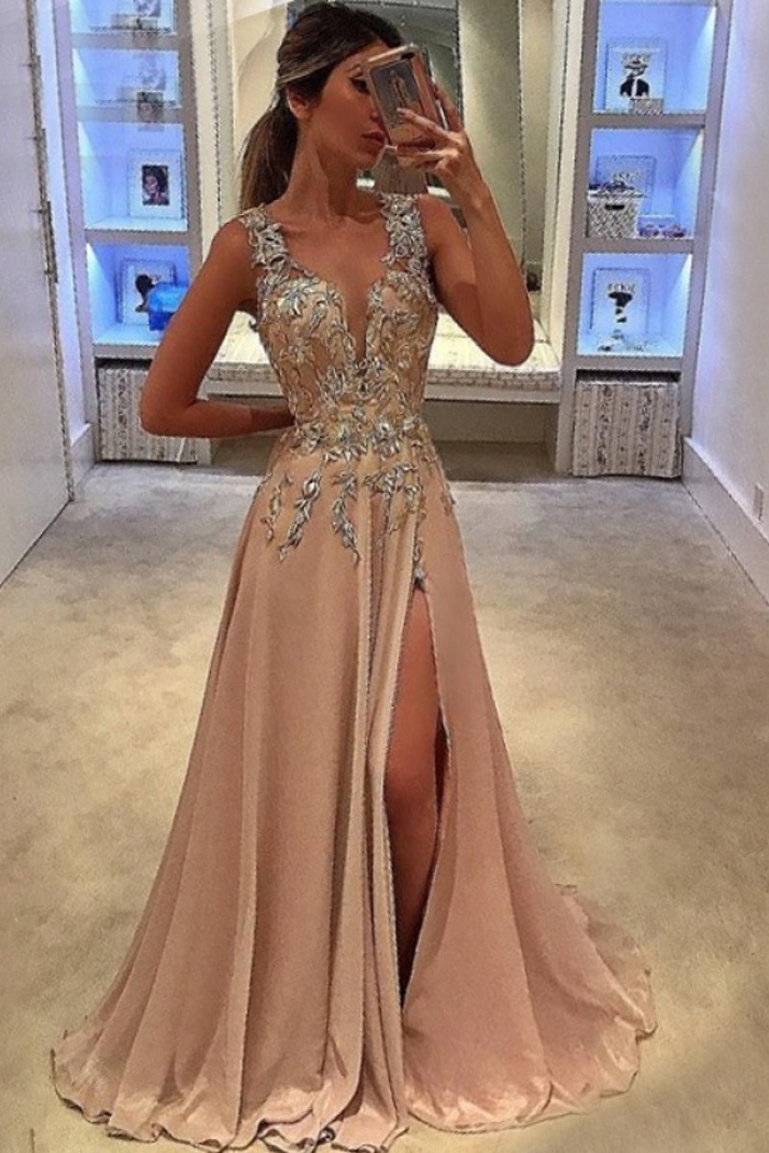 A Line Deep V Neck Sweep Train Champagne Chiffon Prom Dress With