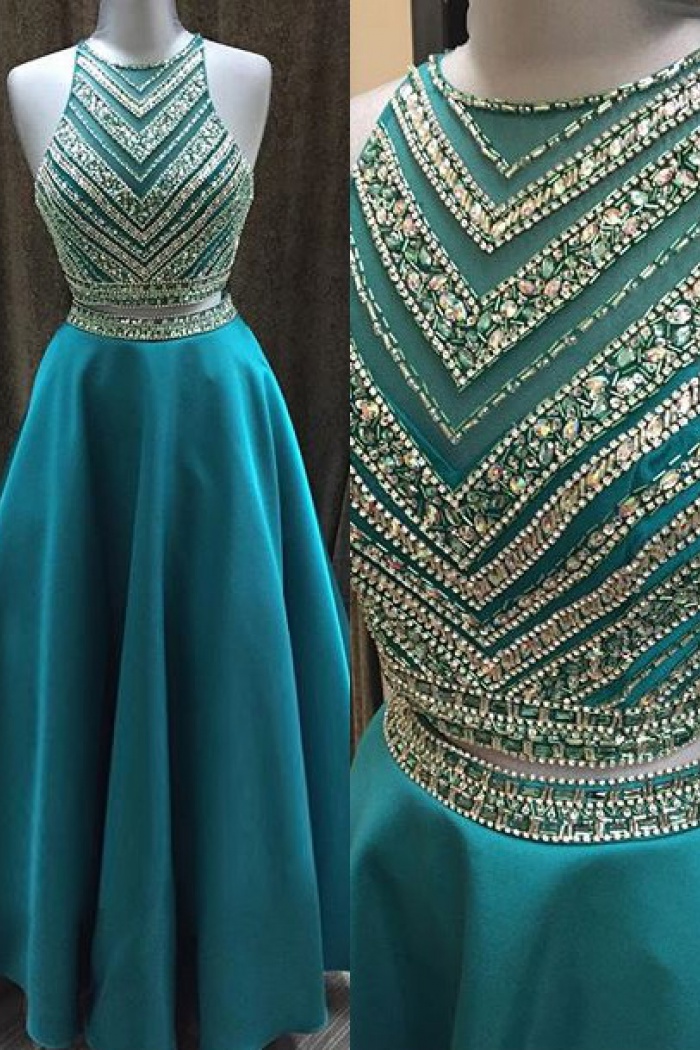 Two Pieces Beaded Crew Neck Prom Dress-Zipper-up Satin Long Prom Dress ...