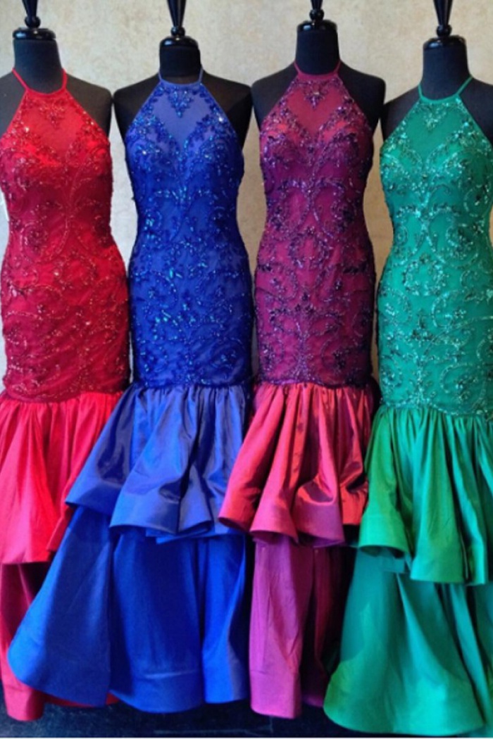 Mermaid Halter Floor-Length Tiered Taffeta Prom Dress with Beading ...