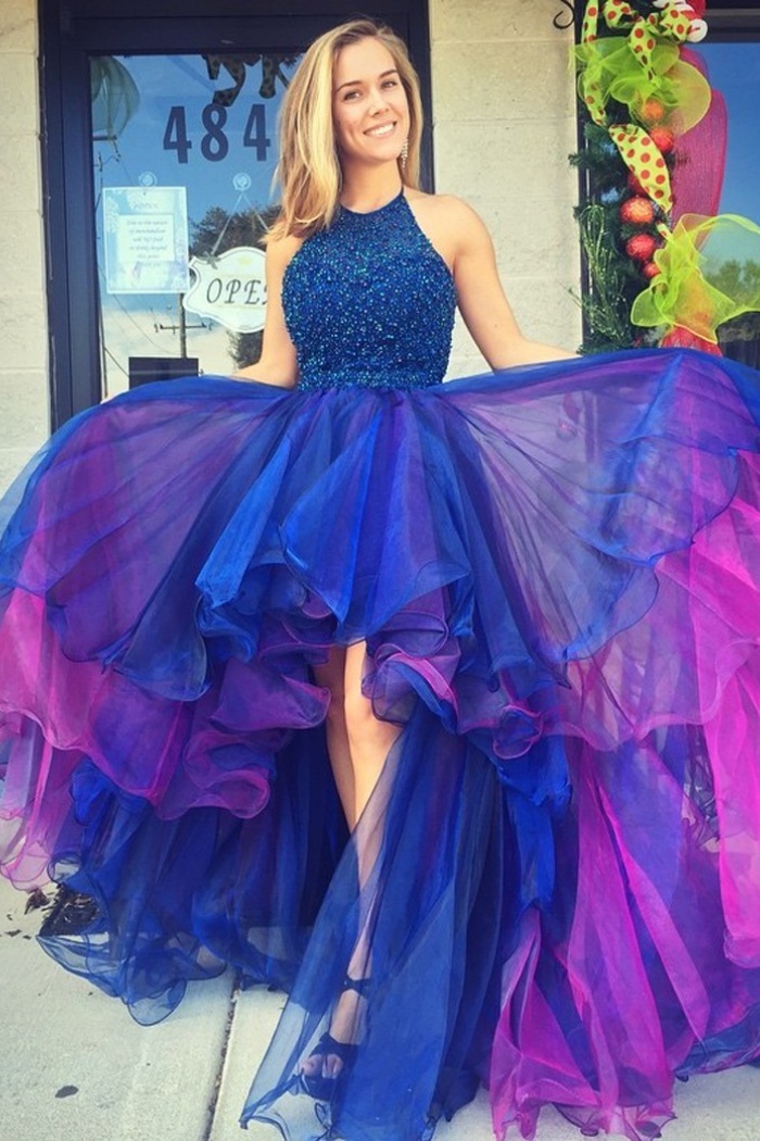A Line Halter Hi Lo Royal Blue Organza Prom Homecoming Dress With