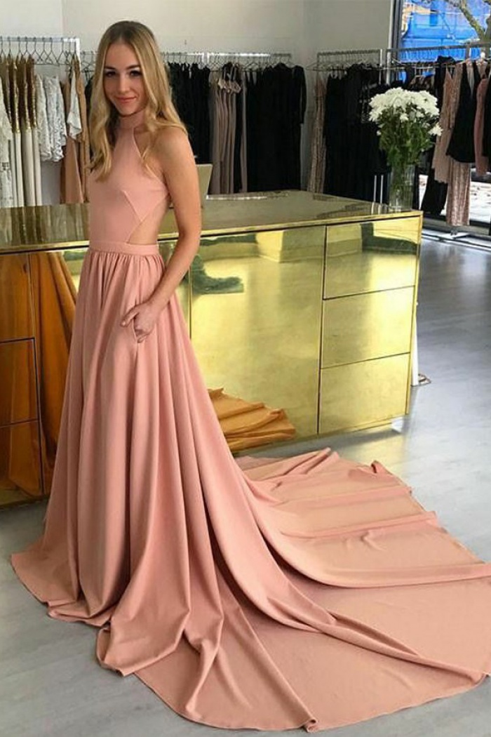 A-Line High Neck Court Train Blush Prom Dress Cut Out Back with Pockets ...