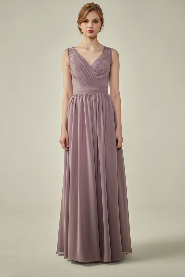 Lace Illusion Back Closure with Button Ruched V-Neck Bridesmaid Dress ...