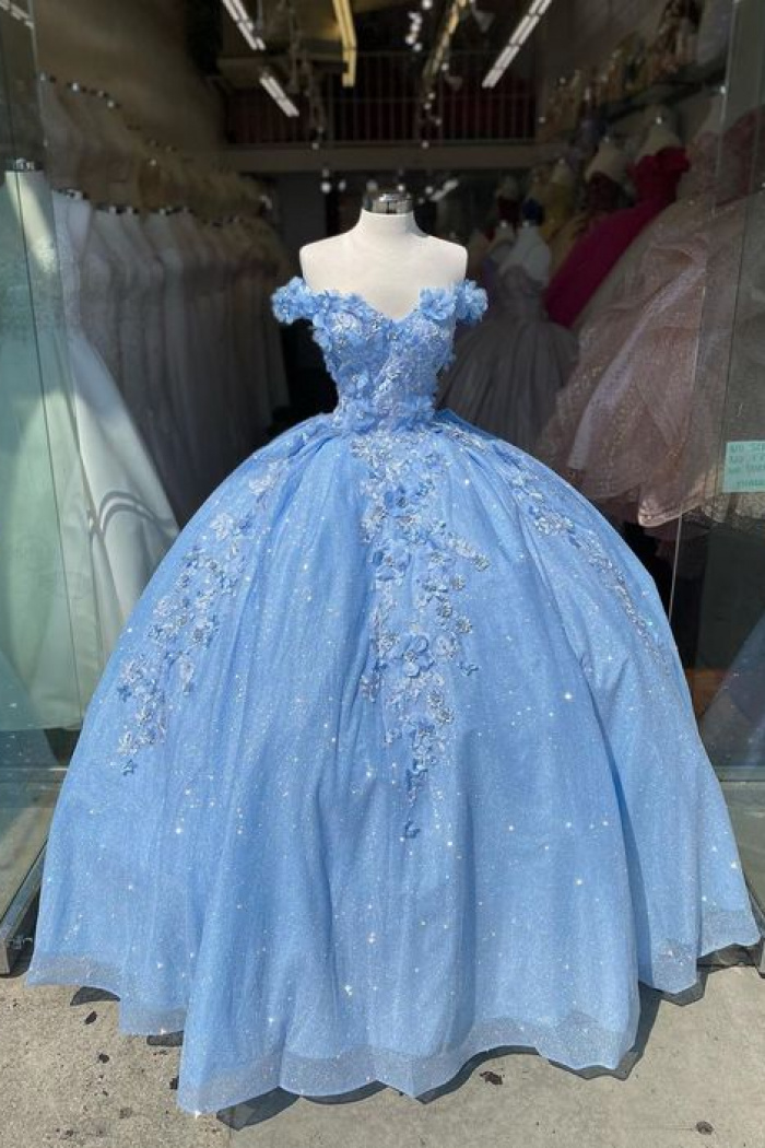 Off the shoulder ball gown sparkly floor length prom dress with flowers ...