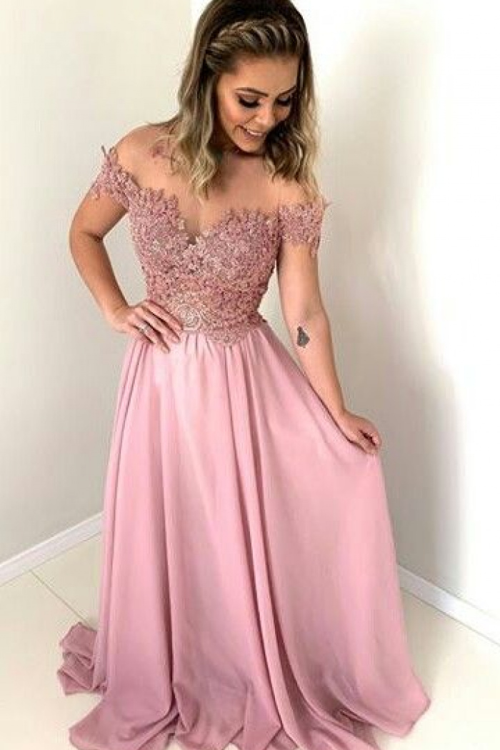 Off The Shoulder Long Chiffon Prom Dress With Lace - Wisebridal.com