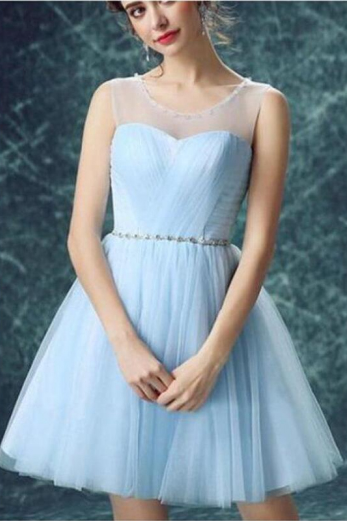 Cute Light Blue Illusion Tulle Short Homecoming Dresses - Wisebridal.com