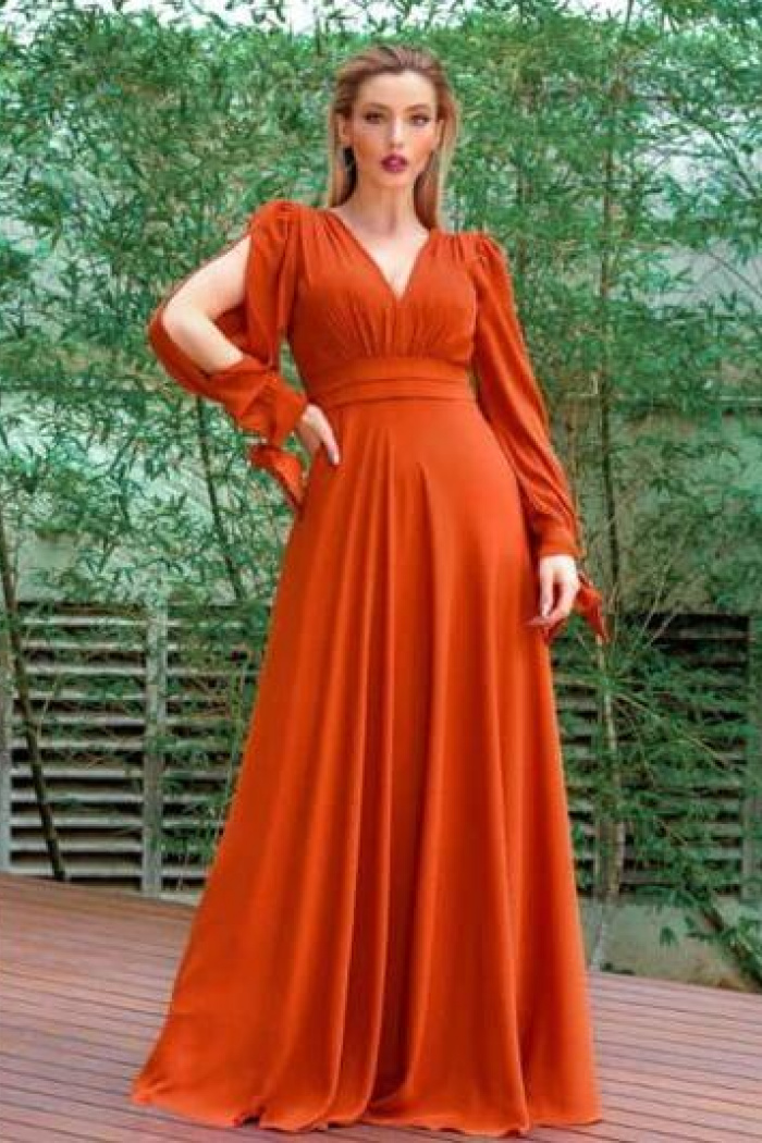 Simple A Line V Neck Orange Chiffon Prom Dresses - Wisebridal.com