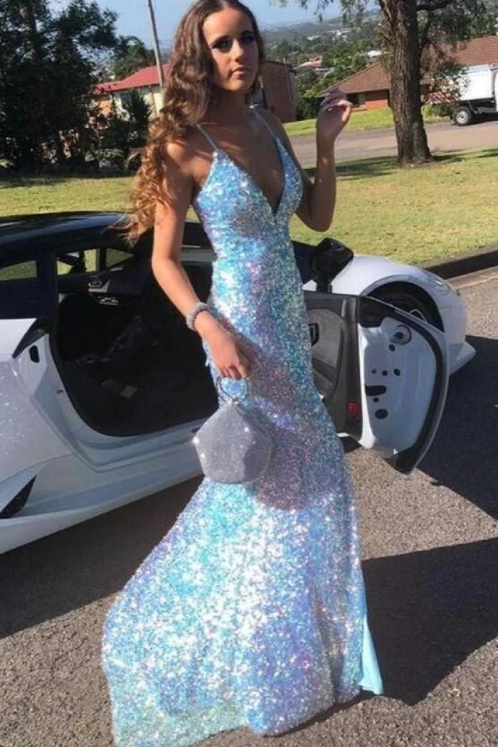Sparkly Mermaid Light Blue Sequins V Neck Prom Dresses - Wisebridal.com