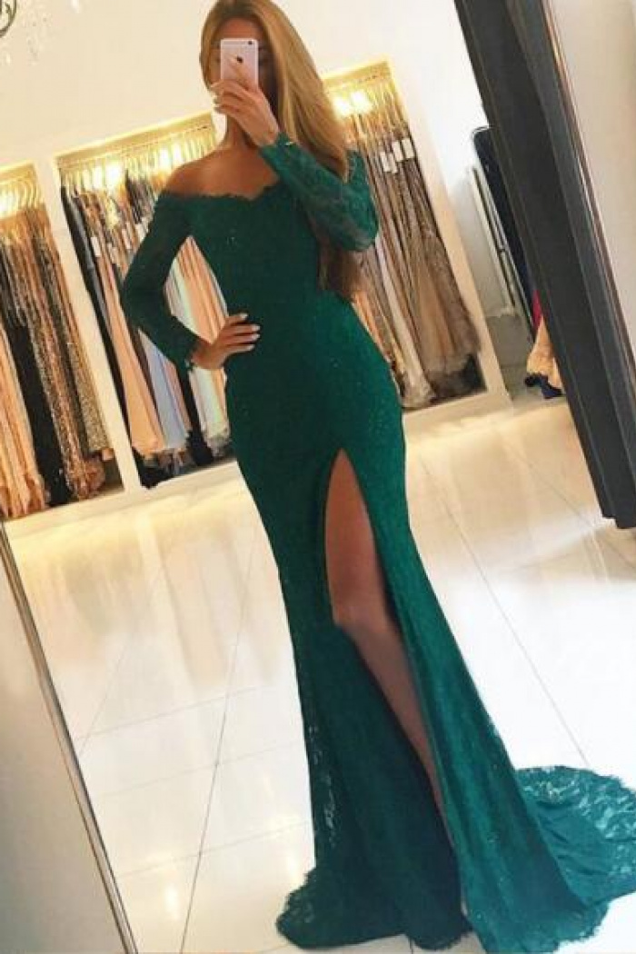 Off the Shoulder Green Lace Prom Dress with Split Front - Wisebridal.com