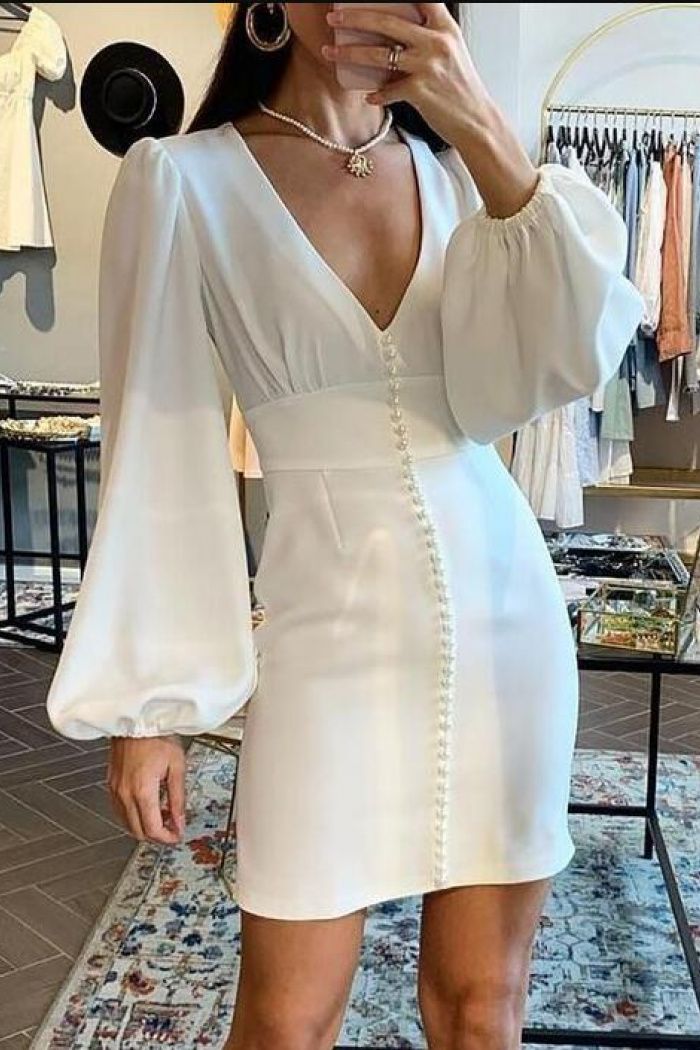 Deep V Neck Mini Evening Dress With Long Sleeve - Wisebridal.com