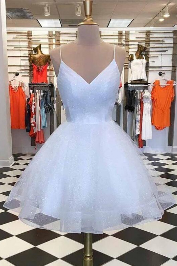 Spaghetti-straps V Neck Tulle Short Prom Dresses - Wisebridal.com