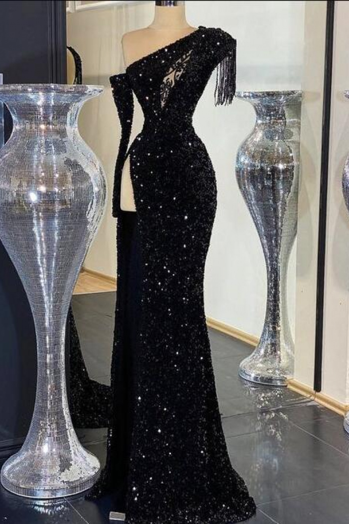 Beautiful A LIne Black Sequin Long Evening Dress - Wisebridal.com