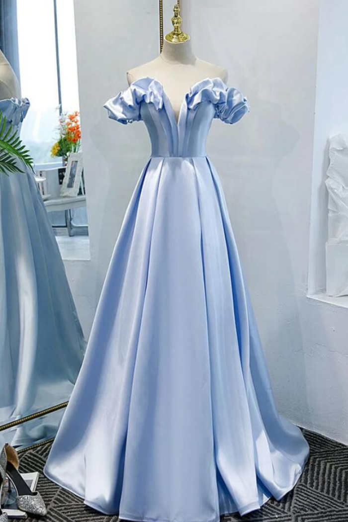 Off the Shoulder Blue Satin Long Formal Graduation Dresses - Wisebridal.com