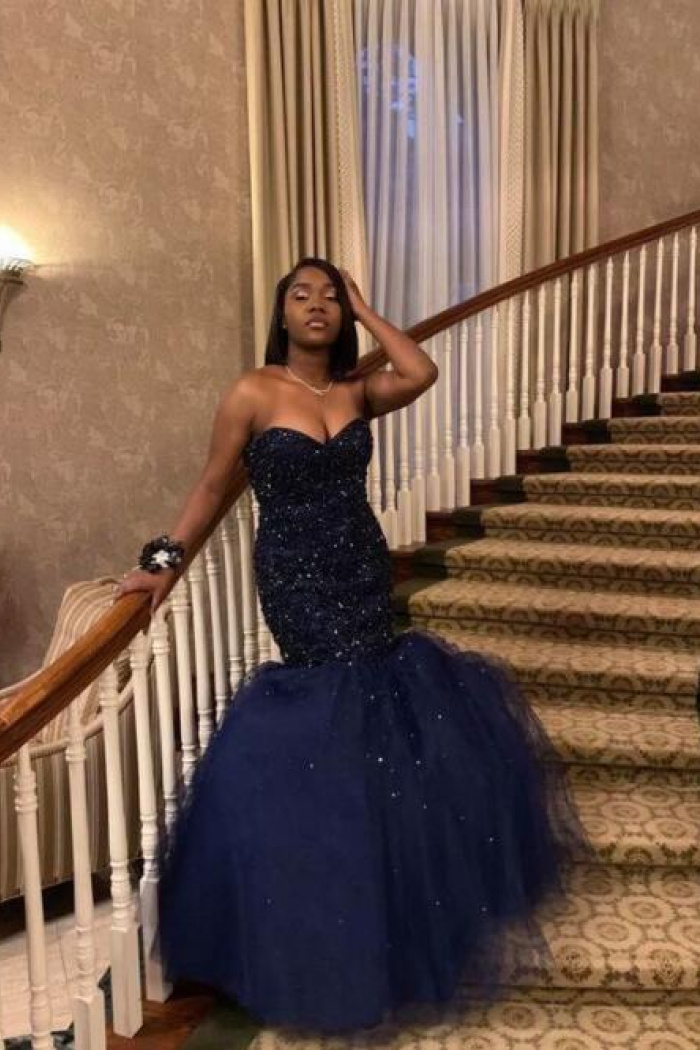 Sweetheart Navy Blue Prom Dress With Beading - Wisebridal.com
