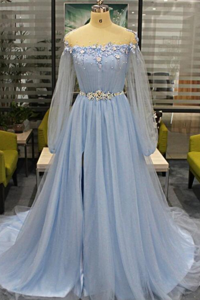 Mermaid Baby Blue Tulle Long Beaded Prom Dress With Sleeves ...