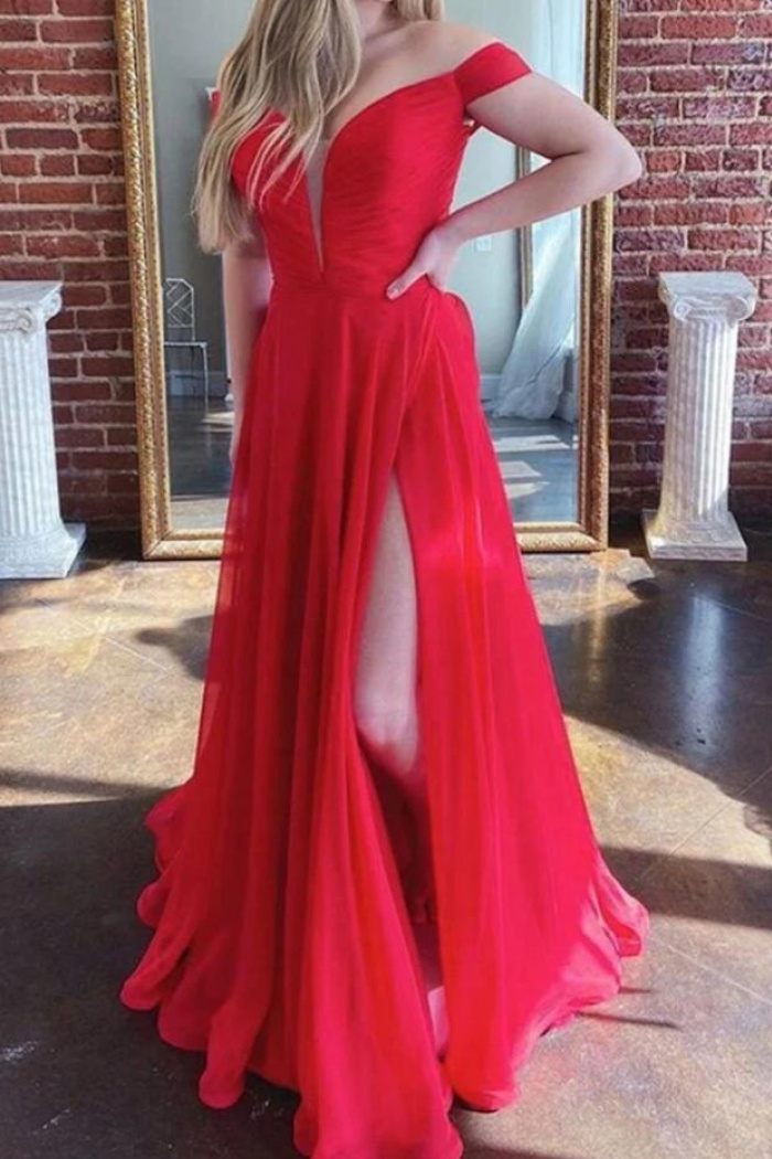 Off Shoulder Open Back Red Chiffon Prom Dresses with High Slit ...