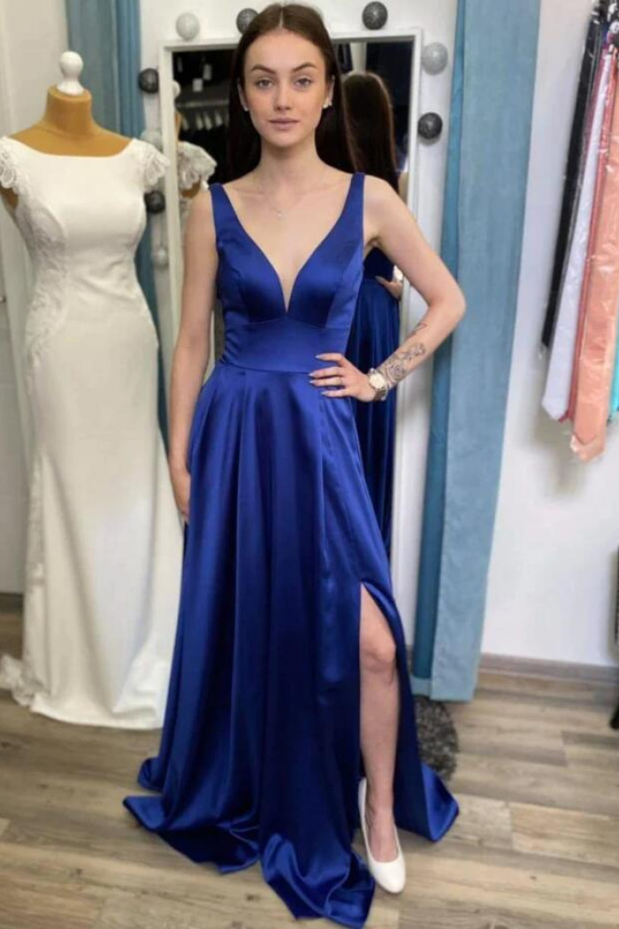 Simple Blue Satin Long Prom Dresses with Leg Slit - Wisebridal.com