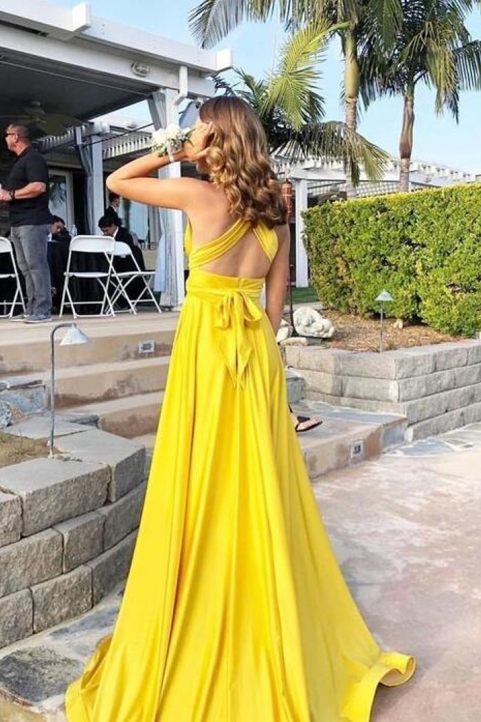 Sexy Yellow Backless Prom Dress with Slit - Wisebridal.com
