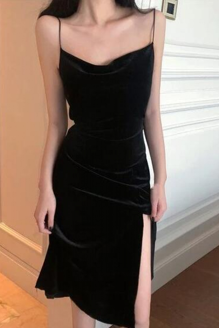 Spaghetti Strap Split Black Dresses Female Vintage Midi Dress ...