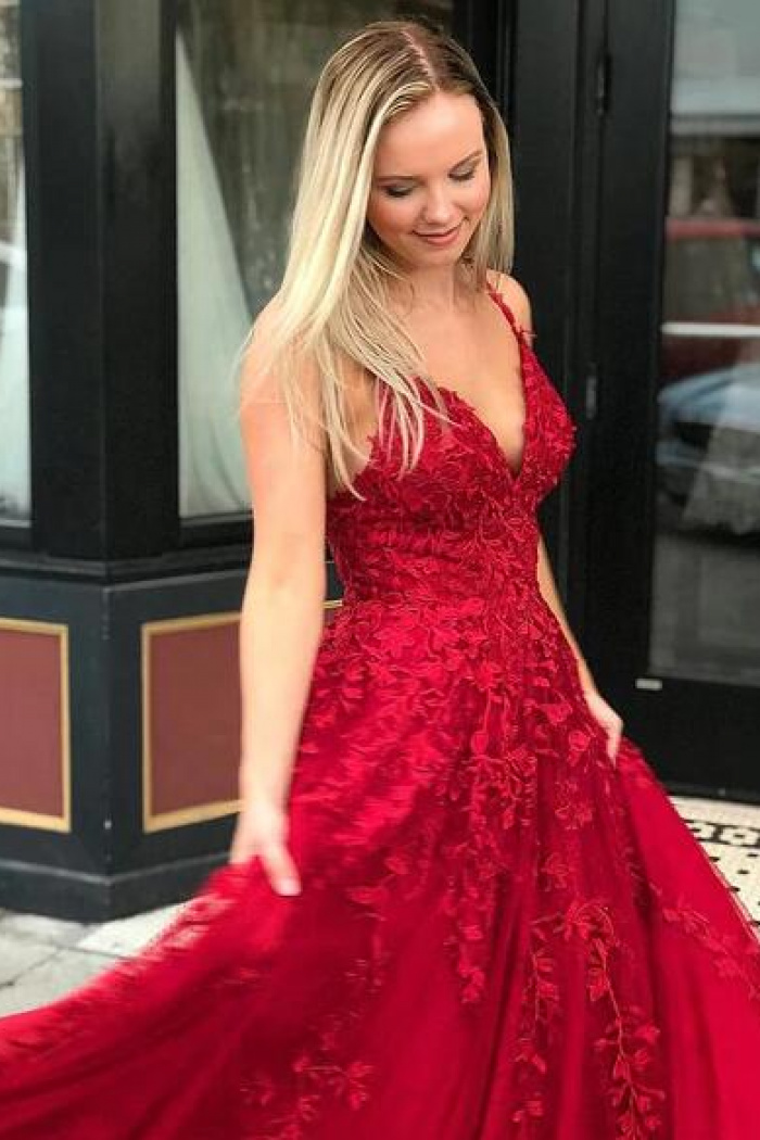 Floor Length Red Lace Prom Dresses - Wisebridal.com
