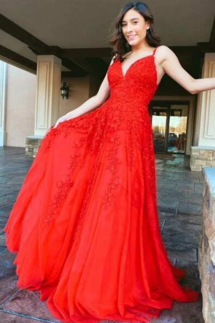 A Line V Neck Red Lace Prom Dress - Wisebridal.com