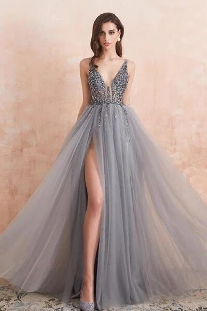 A Line Silver Grey Prom Dress with Slit - Wisebridal.com
