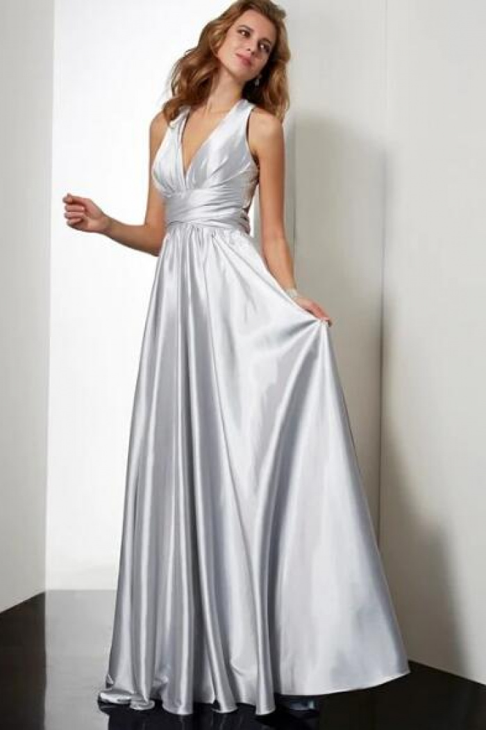 A Line V Neck Silver Prom Dress - Wisebridal.com